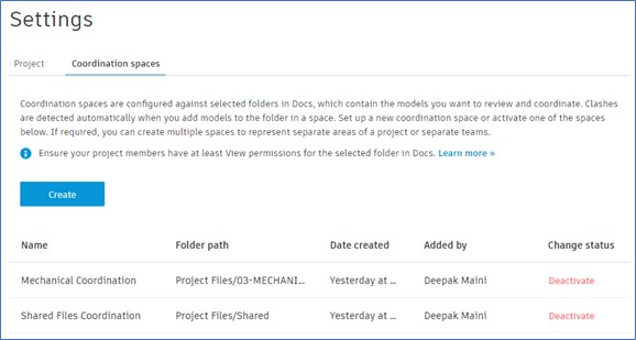 Click Create ; the process of creating the coordination space starts. Similarly, create other ...
